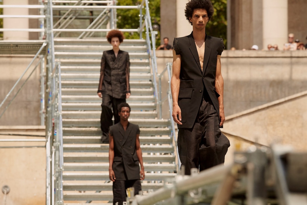 Models walk on sky high catwalk at Rick Owens Menswear | Dazed